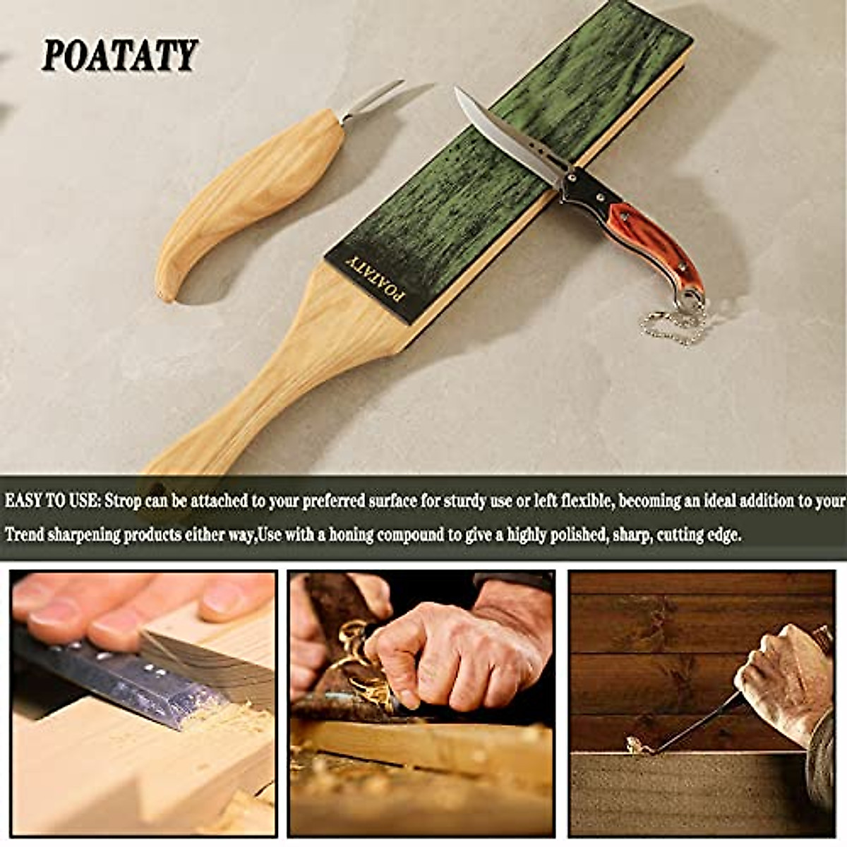 POATATY Leather Strop Paddle with Polishing Compound 14 inch x 2 inch for Sharpening & Honing- Knives Double Sided Strop Paddle - Get Razor-Sharp Edges with Knife Strop Kit