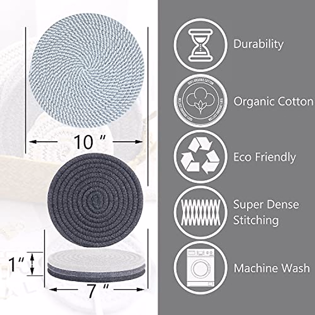 X Large 10 Inches Potholders Set 5 Pcs Trivets Set 100% Cotton Hand Woven Round Place Mats for Kitchen Absorbent, Insulated, Scratch Free Table Protection 2 Pcs 10" and 3 Pcs 7"