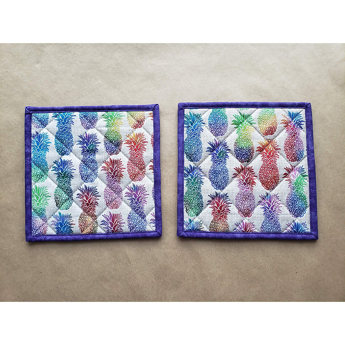Rainbow Pineapple Potholders Set of 2 Handmade Hospitality Hostess Gifts Under 20 Summer Kitchen Linens Insulated Hot Pads Pair Quilted Trivets Charleston SC Themed Kitchen Decor