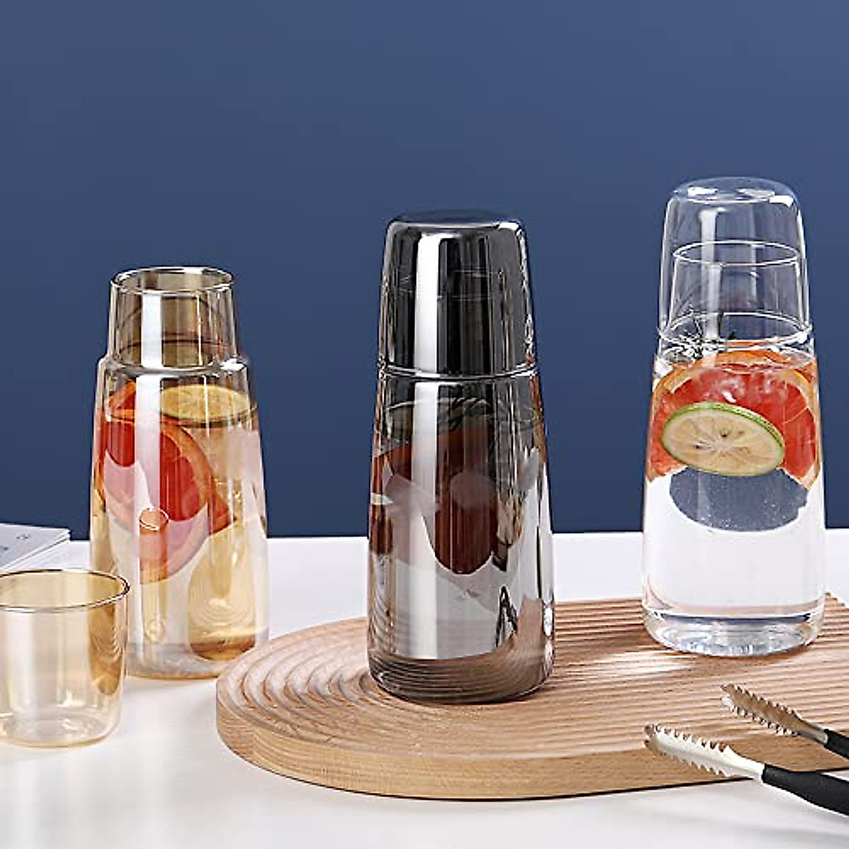 Yalucky Bedside Water Carafe Set with Tumbler, Bedside Carafe and Glass Set for Nightstand Bedroom Guest Room, Water Carafe for Cold Drink, Mouthwash Dispenser for Bathroom Kitchen 25oz/750ml (Amber)
