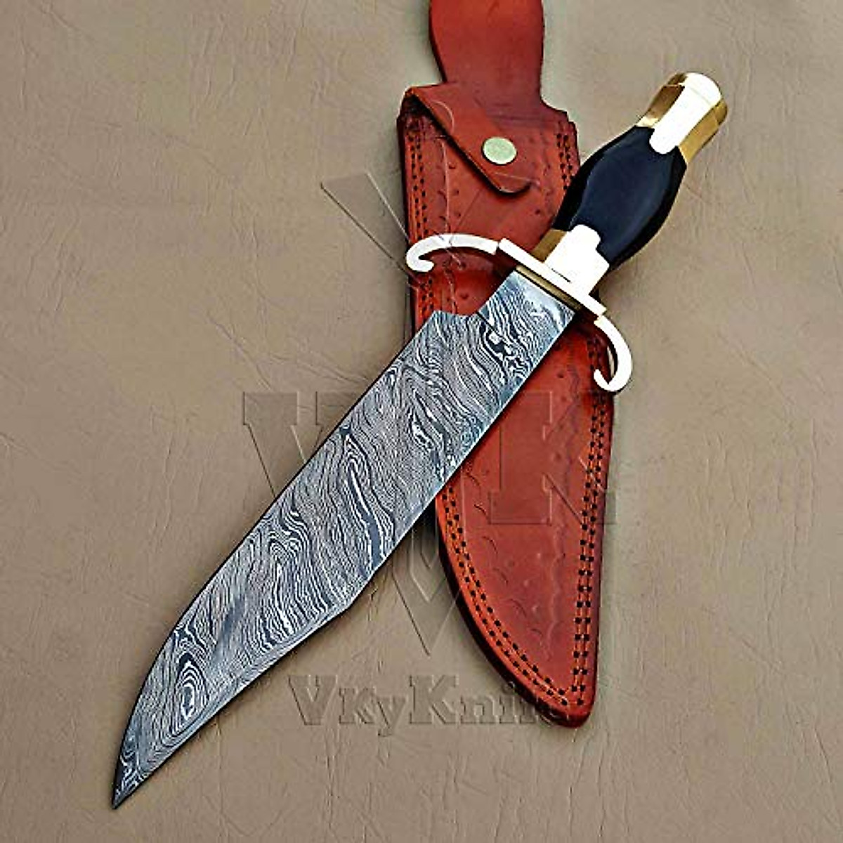 JNR Traders vkn2074 Handmade Damascus Steel Fixed Blade Hunting Knife Compatible for Bowie knife with Leather Sheath