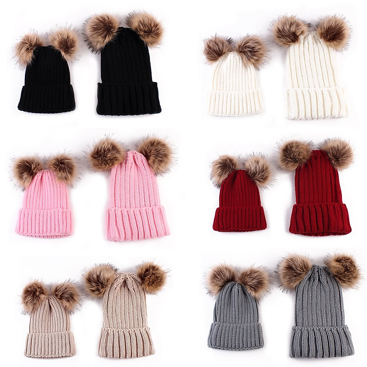 2PCS Parent-Child Hat Winter Warmer, Baby Hat/Women Hat, Mother & Baby Knit Hat Winter Warm Crochet Cap Beige