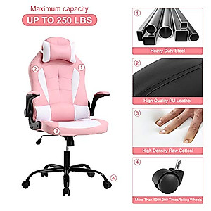 Gaming Chair Pink Meet Perfect Ergonomic Office Chair Desk Chair Leather Computer Chair Lumbar Support and Head Pillow Modern Executive Chair Adjustable Rolling Swivel Task Chair for Girls Women Teens