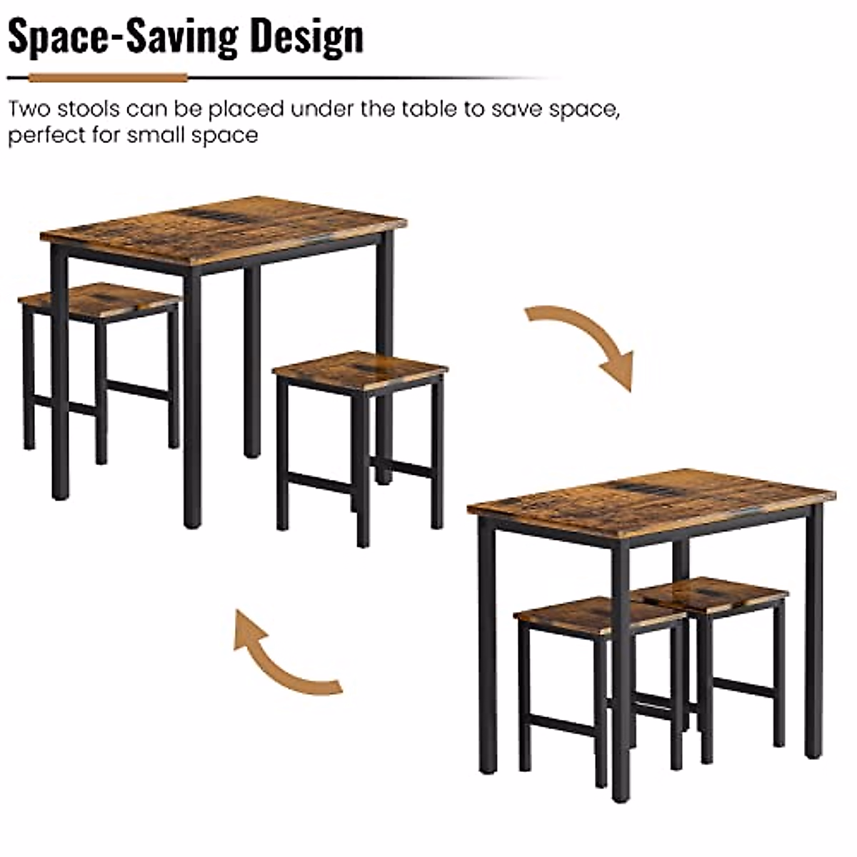 Recaceik 3 Piece Chairs for 2, Modern Wood Room, Small Dining Breakfast Table Set with 2 Stools & Metal Frame for Kitchen, 35 Inch, Brown