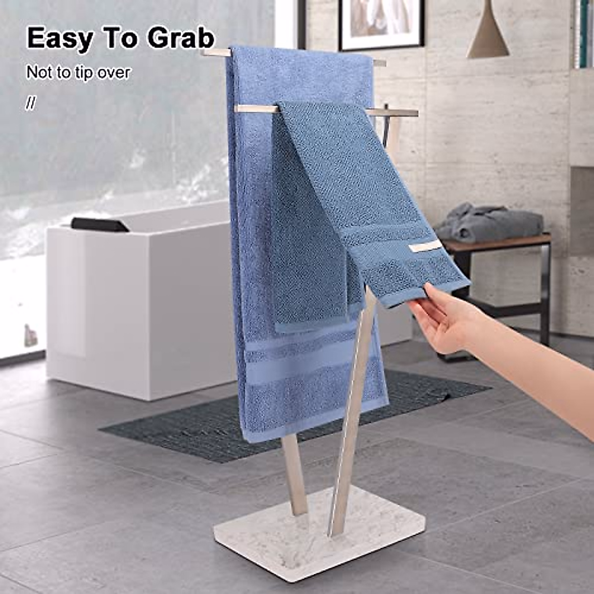 Winmien Freestanding Towel Rack for Bathroom, SUS 304 Stainless Steel Towel Holder with Marble Base for Bathroom Floor, Pool, 2-Tier (Brushed Nickel)