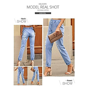 Sidefeel Women's Jeans Cargo Pants Ripped Denim Joggers Elastic Drawstring Waist Trouser Sky Blue Size 6