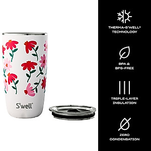 S'well Stainless Steel Tumbler with Slide-Open Lid, 18oz, Pink Daisy, Triple Layered Vacuum Insulated Containers Keeps Drinks Cold for 12 Hours and Hot for 4, BPA Free
