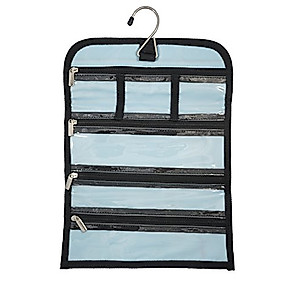 Simplily Co. 8" x 11" Hanging Travel Jewelry & Accessories Organizer Roll Bag (Black & White Paisley Print Exterior & Blue Interior)