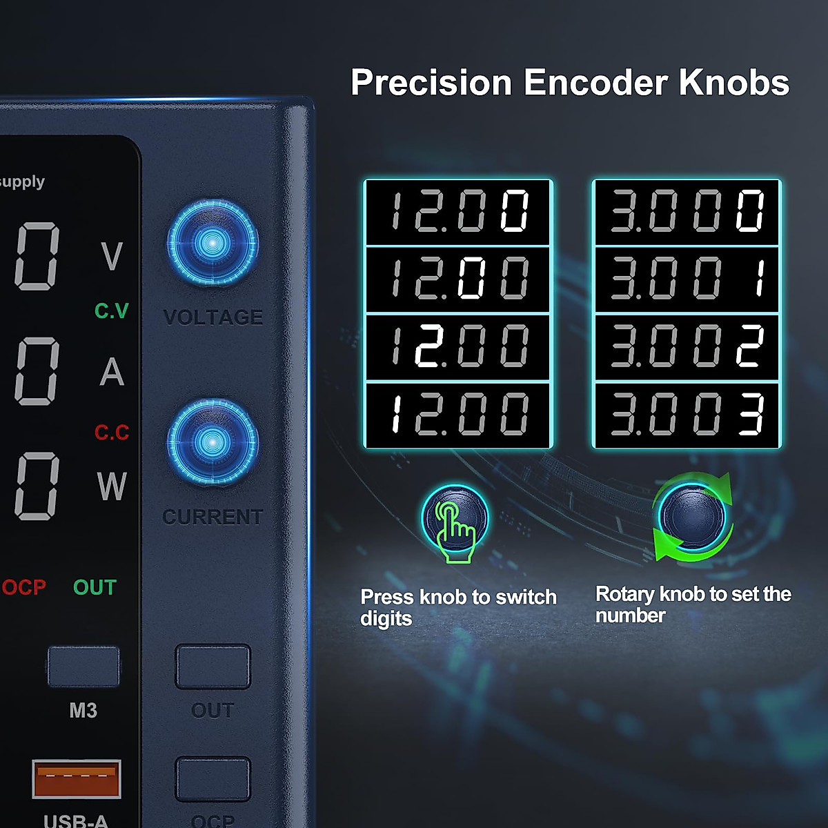 DC Power Supply Variable, Bench Power Supply with Encoder Adjustment Knob, Variable Power Supply with Memory Storage, Adjustable Power Supply with USB-A & Type-C Quick-Charge (0-32V 0-10A)