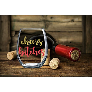 Cheers Bitches Funny 15oz Stemless Crystal Wine Glass - Fun Wine Glasses with Sayings Gifts for Women