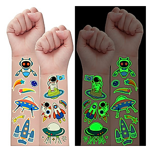 Partywind 290 Styles (30 Sheets) Luminous Space Tattoos for Kids Party Decorations, Glow Outer Space Party Supplies Favors with Astronaut/Rocket/Planet, Kids Games for Glow Party