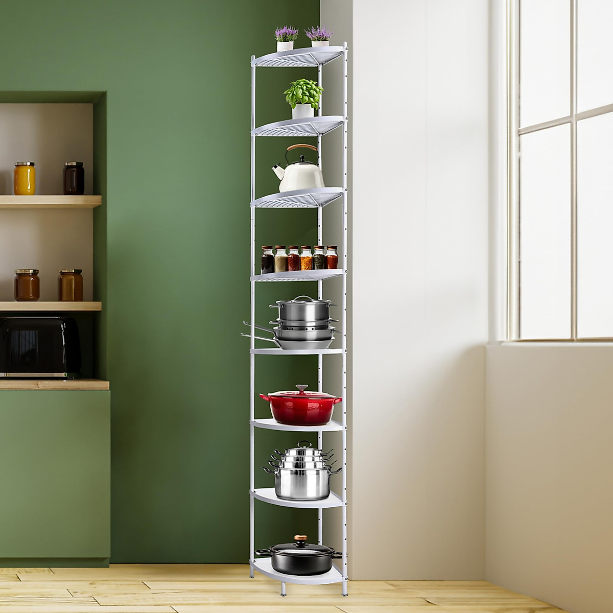 Vdomus | 8 Tier Kitchen Corner Shelf - Stainless Steel Corner Shelves Standing - Tall Organizer Unit for Pot, Dish, Vegetable, and Fruit Rack - Effortless Portability - Easy Assembly (White)