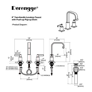 Derengge Two Handle Widespread Bathroom Faucet, 8 Inch Matte Black Bathroom Sink Faucet with Pop up Drain, 3 Hole Lavatory Faucet,F-0288-MT