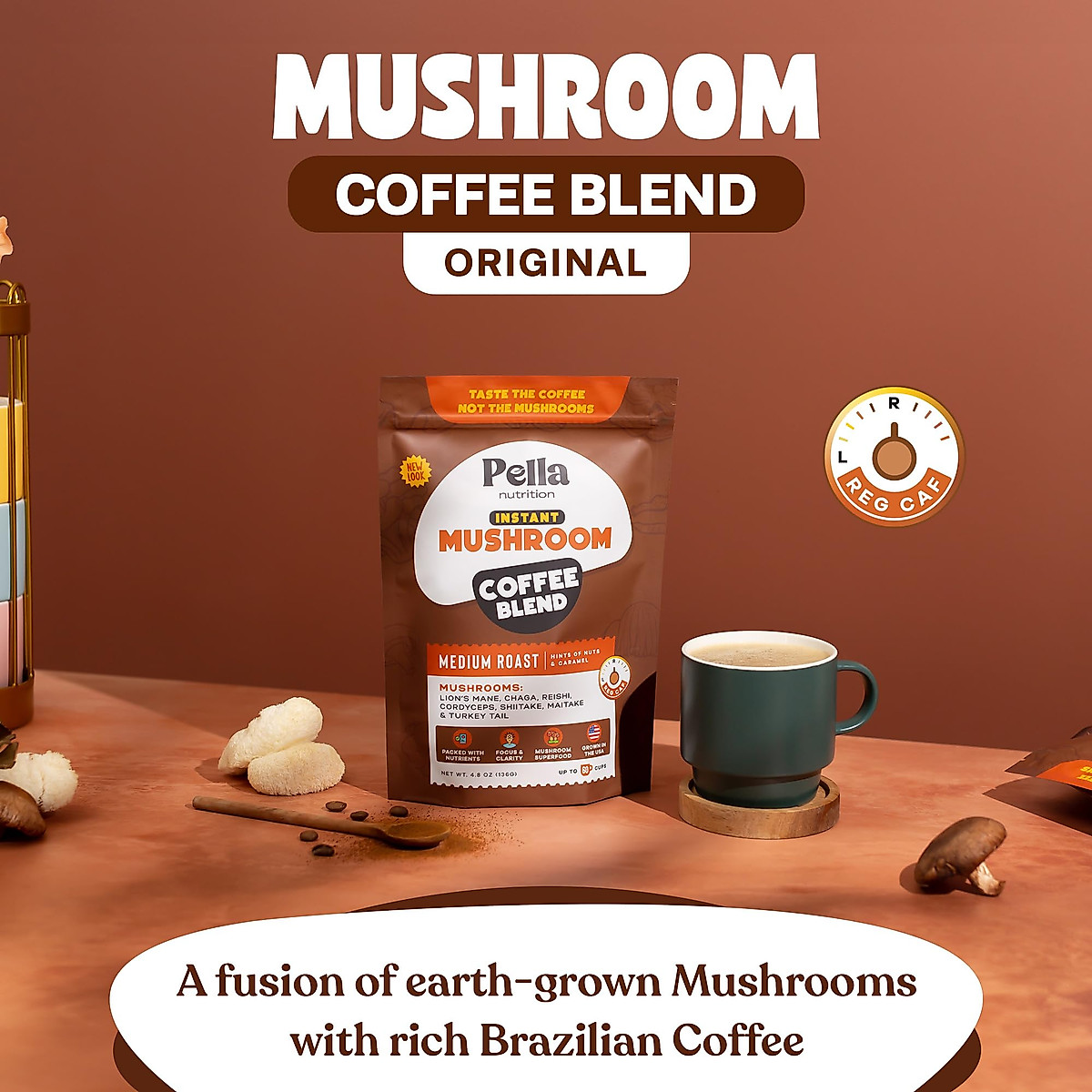 Organic Mushroom Instant Coffee (60 Servings) with 7 Superfood Mushrooms, Great Tasting, Includes Lion's Mane, Reishi, Chaga, Cordyceps, Shiitake, Maitake, and Turkey Tail