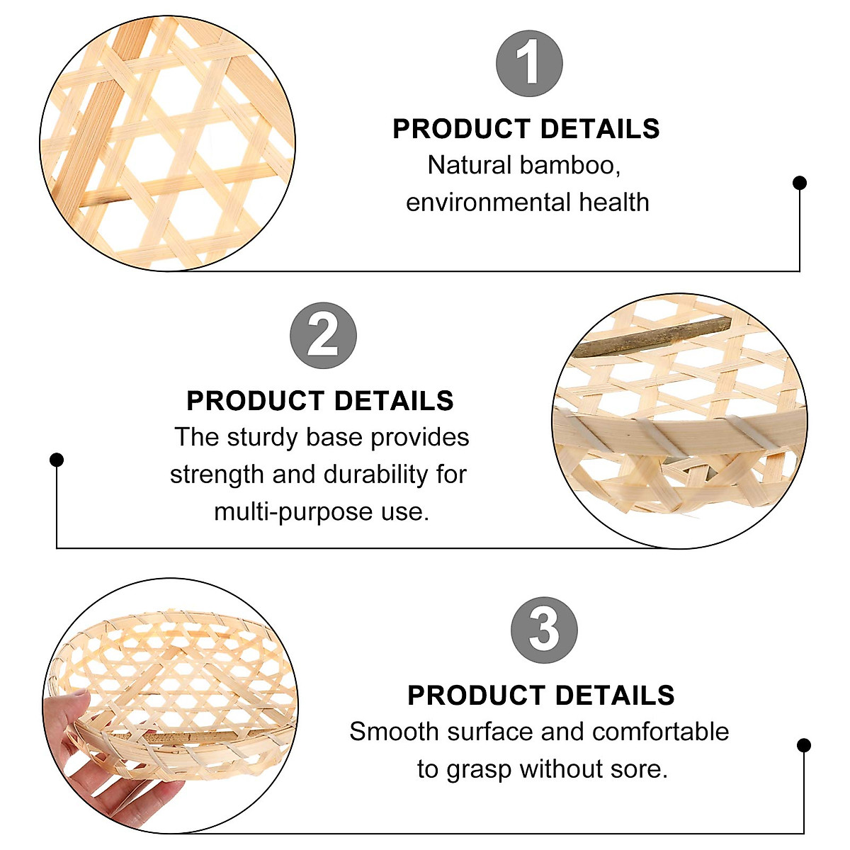 Hemoton 3PCS Bamboo Woven Basket Flat Wicker Round Egg Basket Natural Handmade Food Vegetables Fruits Storage Shallow Tray Organizer Holder Bowl for Home Kitchen