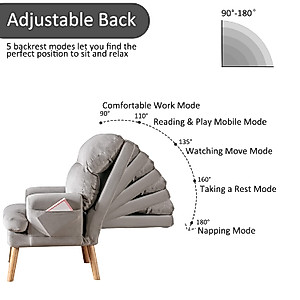 INZOY Accent Chairs with Ottoman, Velvet Fabric Armchair with Ottoman for Bedroom Living Room, Mid Century Modern Chair with Adjustable Backrest and Side Pockets, Grey