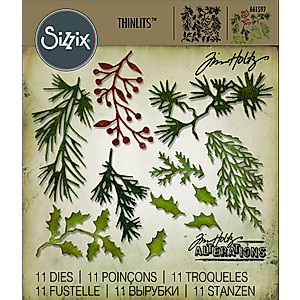 Sizzix Thinlits Die Set 661597, Holiday Greens, Mini by Tim Holtz, 11 Pack, One Size, Multi Color