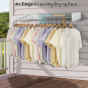 CROSDE Clothes Drying Rack Foldable, Wall Mounted Retractable Clothing Laundry Rack, Space Saving Heavy Duty Hanger Dryer Rack for Indoor Outdoor, 110 lb Capacity (Silver 32'')