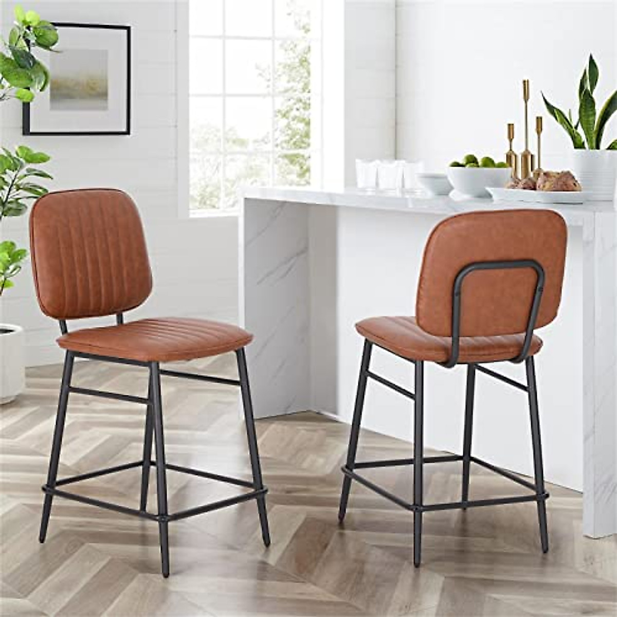 Sophia & William Bar Stools Set of 2 Counter Height Bar Stools with Back, Modern PU Leather Upholstered Indoor Outdoor Metal Bar Chairs for Kitchen Dining,300lbs,Brown