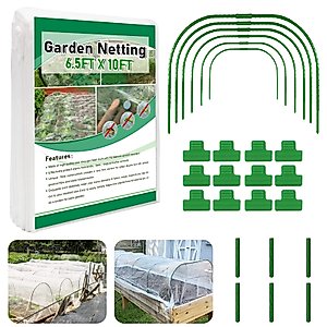 Garden Netting Kit, 6.5x10 ft Ultra Fine Mesh Netting with 6pcs Garden Hoops & 12 Clips, Protection Plant Covers for Raised Beds Vegetable Fruits Flowers Crop Greenhouse Row Cover