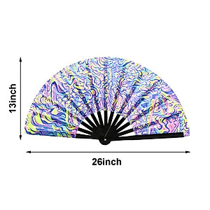 AMQTSLM UV Glow Large Rave Bamboo Folding Clack Hand Fan,Rave Hand Fan Large Folding Fans,Rave Fan for Men/Women Handheld Fan Dance Fan for EDM,Music Festival,Club,Freaky,Party,Gift (Waves)
