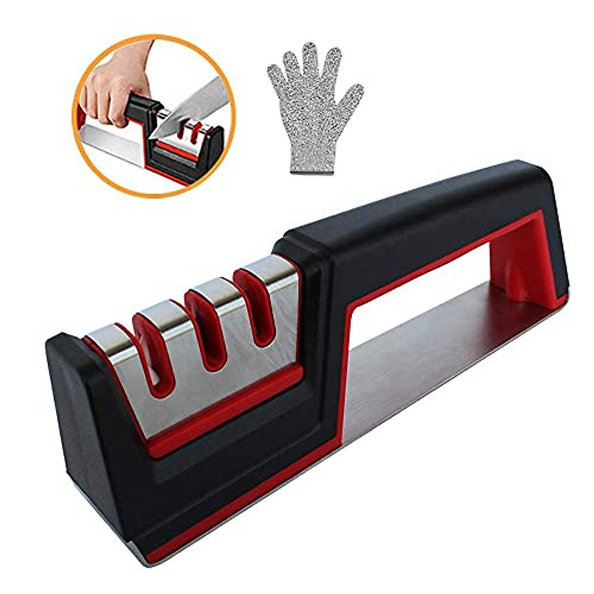 Professional Manual Sharpener for Kitchen Knives and Scissors. Manual sharpener. DIAMOND powder blades for ceramic or steel knives - Non-slip base - GIFT SAFETY GLOVE