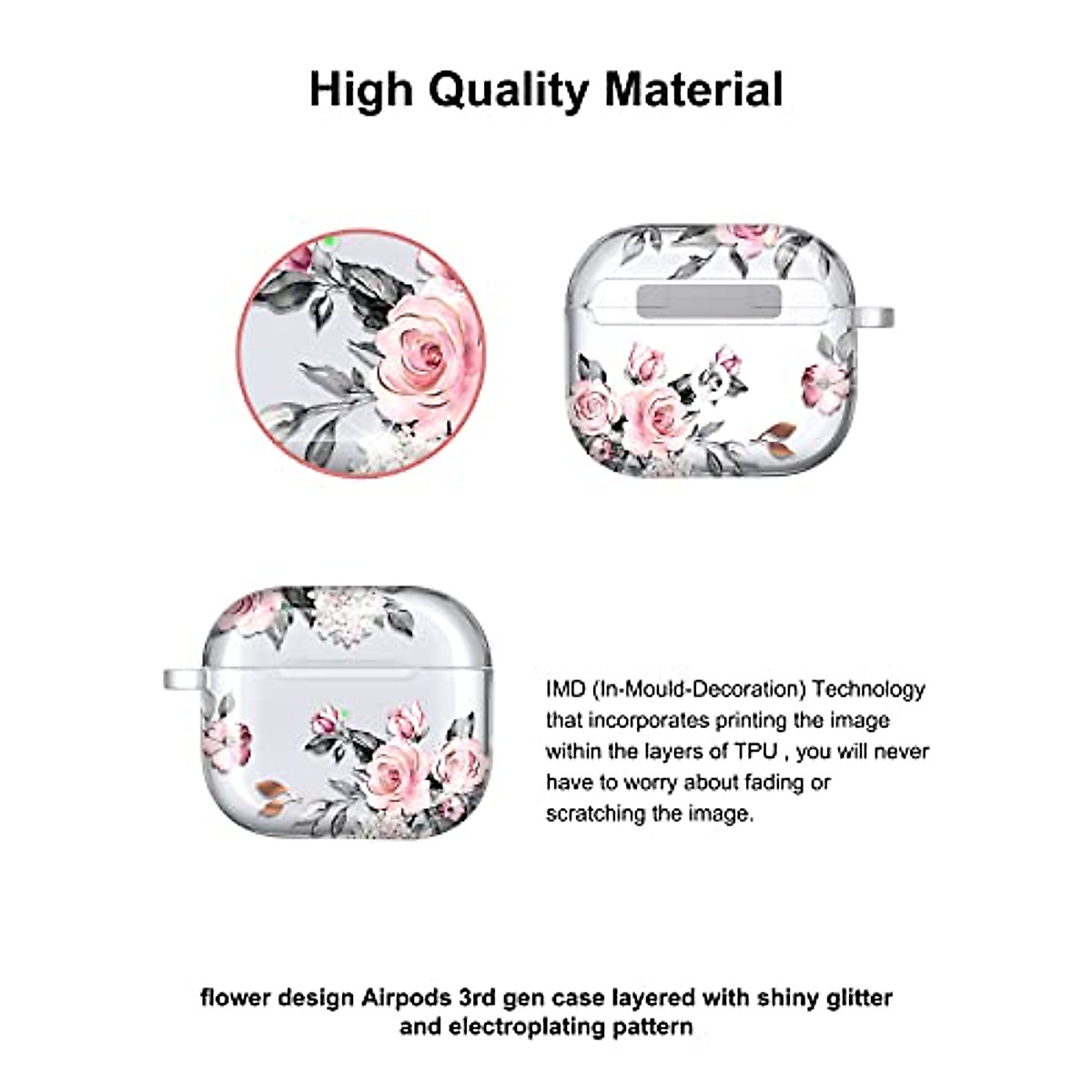 RXKEJI AirPods 3 Case Cover, Rose Flower Clear Case Cute Protective Soft Shockproof Cover with Keychain for Women Girls Compatible with AirPods 3rd Generation Case - Pink