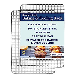 Ultra Cuisine Oven-Safe, Dishwasher-Safe 100% Stainless Steel Cooling and Baking Rack Set Heavy Duty Tight-Wire - 11.5 x 16.5-inch - Set of 2 - Half Sheet Pan Cooling Racks