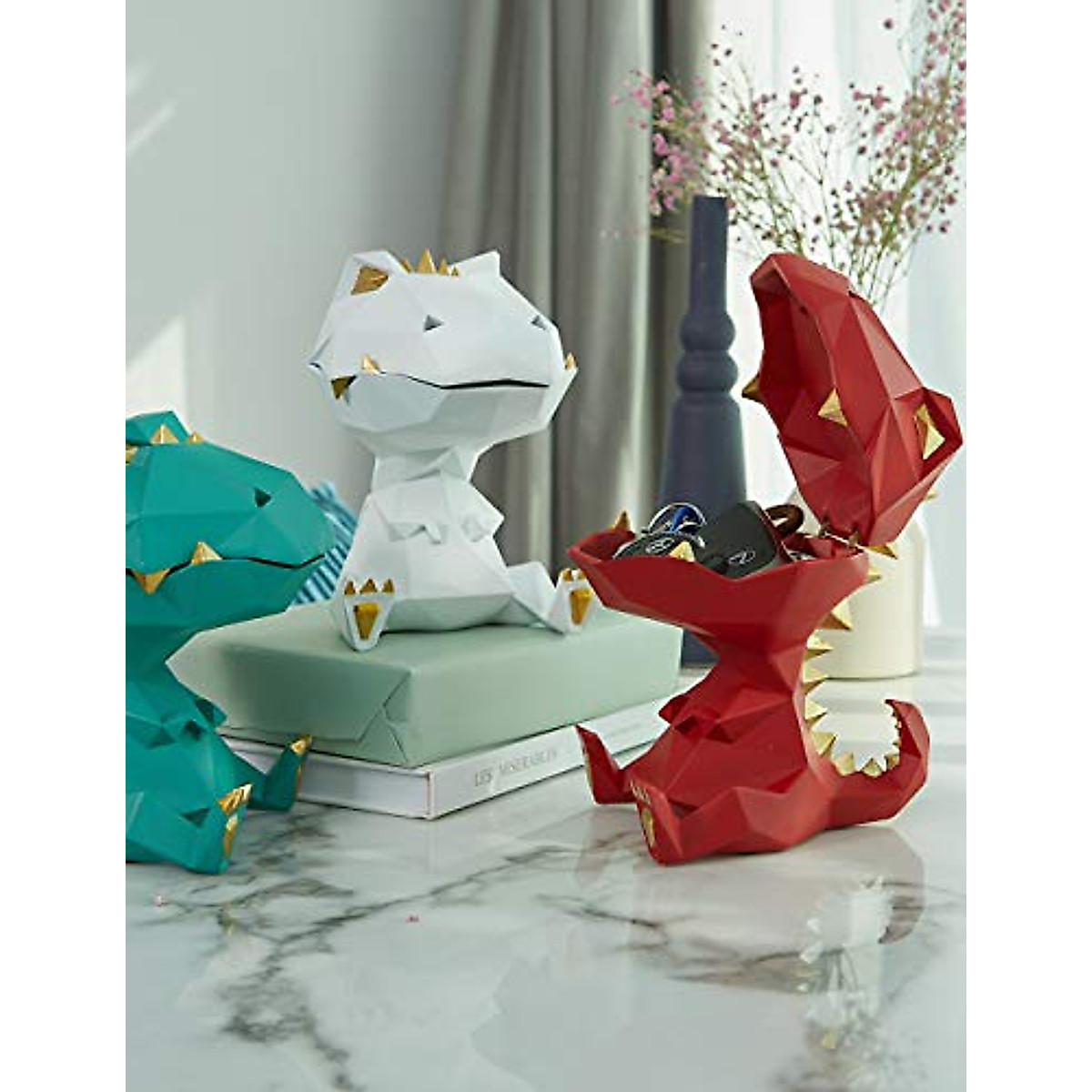 HAUCOZE Candy Dish Cookie Jar Dinosaur Gifts Sculpture Statue Decor Polyresin Figurine Green 7.1 inch