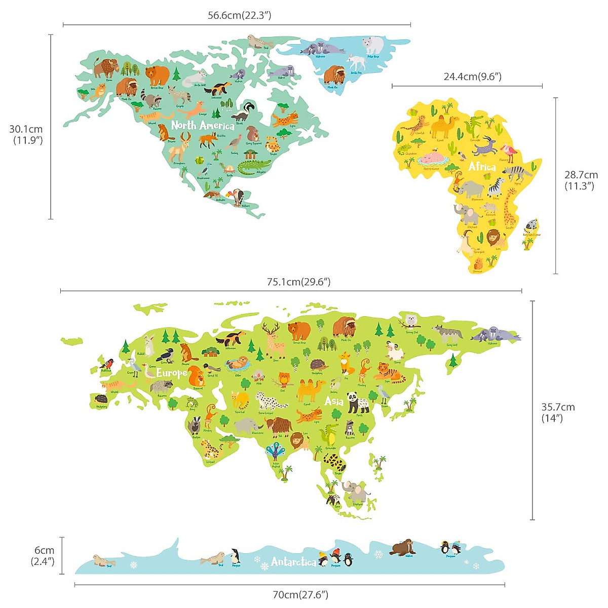 DECOWALL DL-1815 Animals of The World Kids Wall Stickers Wall Decals Peel and Stick Removable Wall Stickers for Kids Nursery Bedroom Living Room