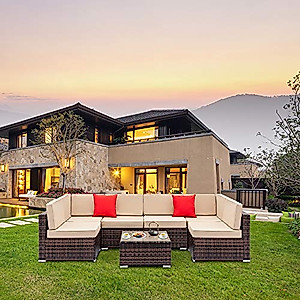 7 Pieces Patio Furniture Sets All-Weather Outdoor Sectional Sofa Manual Weaving Wicker Rattan Patio Conversation Set with Cushion and Glass Table (Beige)