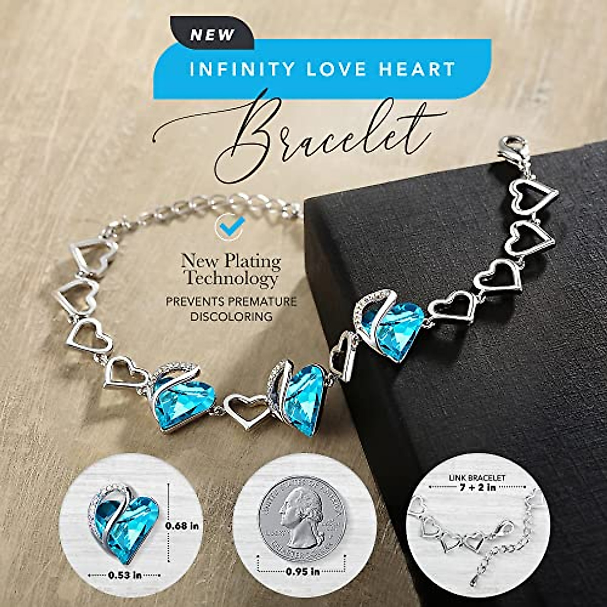 Leafael Infinity Love Heart Link Bracelets, December Birthstone Crystal Bracelet for Women, Silver Tone Jewelry Gifts for Her, Turquoise Aquamarine Blue, 7-inch Chain and 2-inch Extender