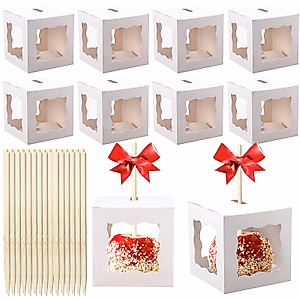 Sliner 100 Sets 4 x 4 x 4 Inch Kraft Candy Apple Boxes with Holes Candy Apple Sticks Caramel Apple Boxes Apple Container Chocolate Apple Gift Box with Clear Window for Autumn Christmas (White)