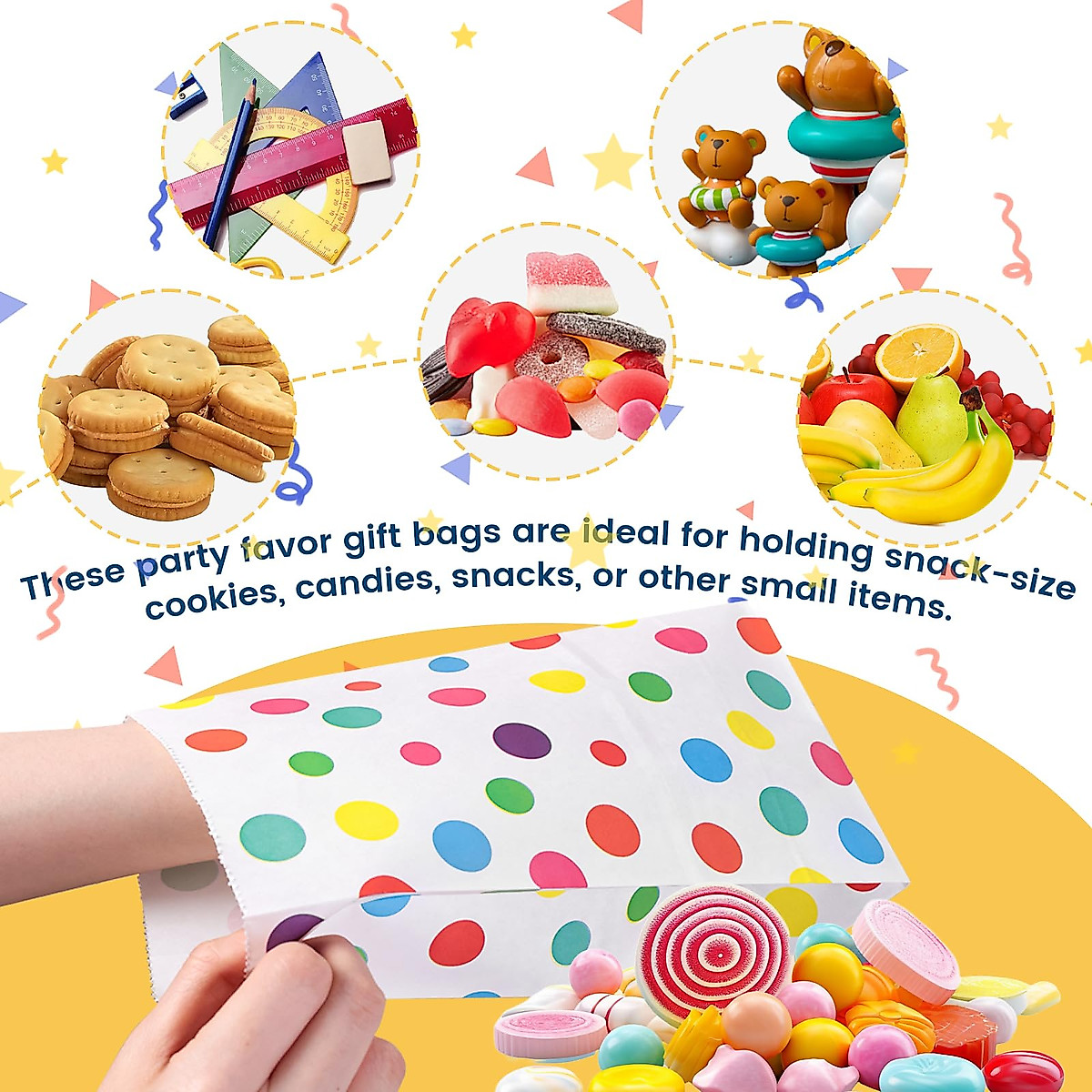 HONEYGIFTS 36PCS Party Favor Bags, Goodie Bags with Sealing Stickers, 4.7" x 3.1" x 8.7" Colorful Treat Bags Rainbow Stripe and Dots Candy Bags