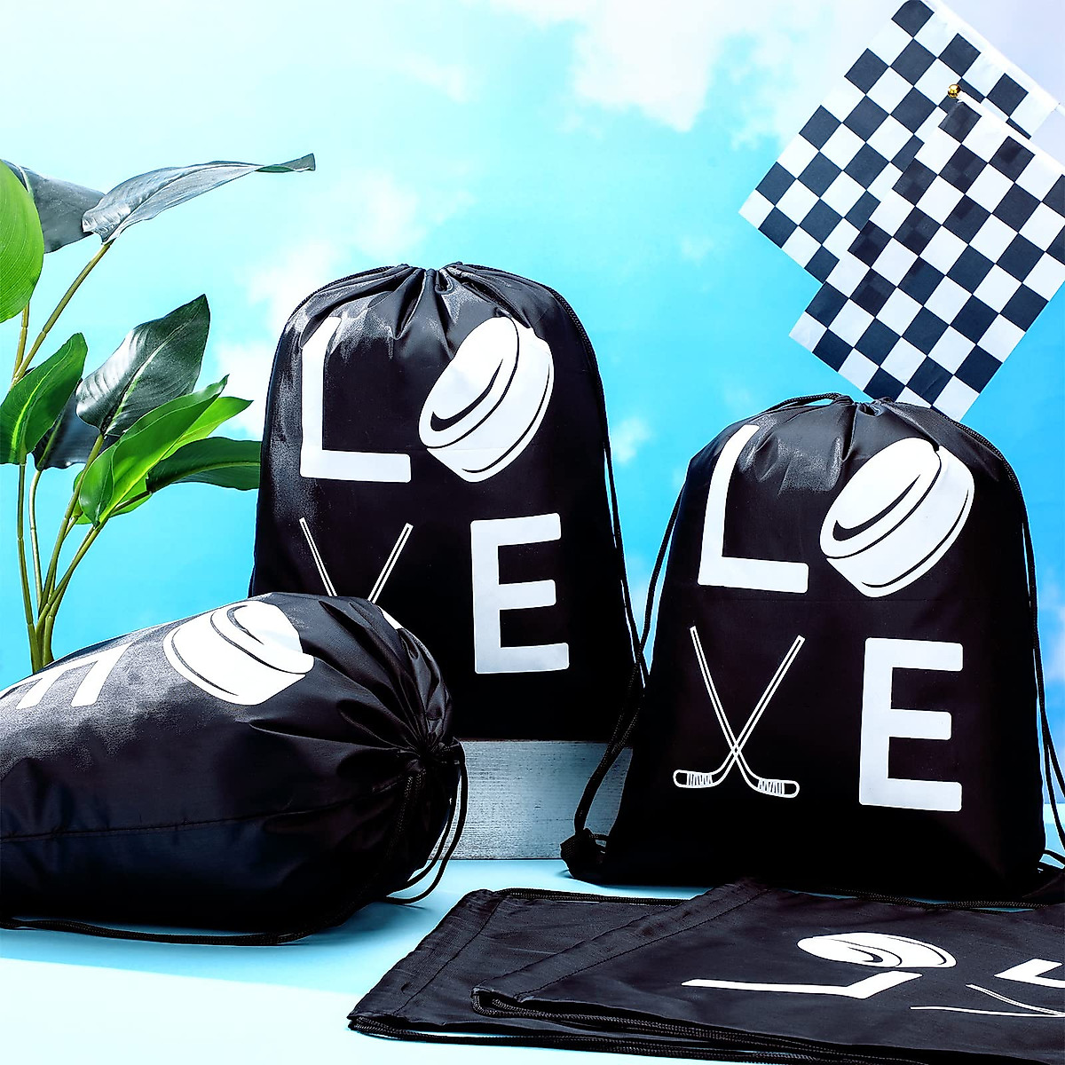 Sinmoe 20 Pcs Hockey Drawstring Bag Hockey Gift Bags Field Hockey Bag for Hockey Party Favors(Black and White, Classic)