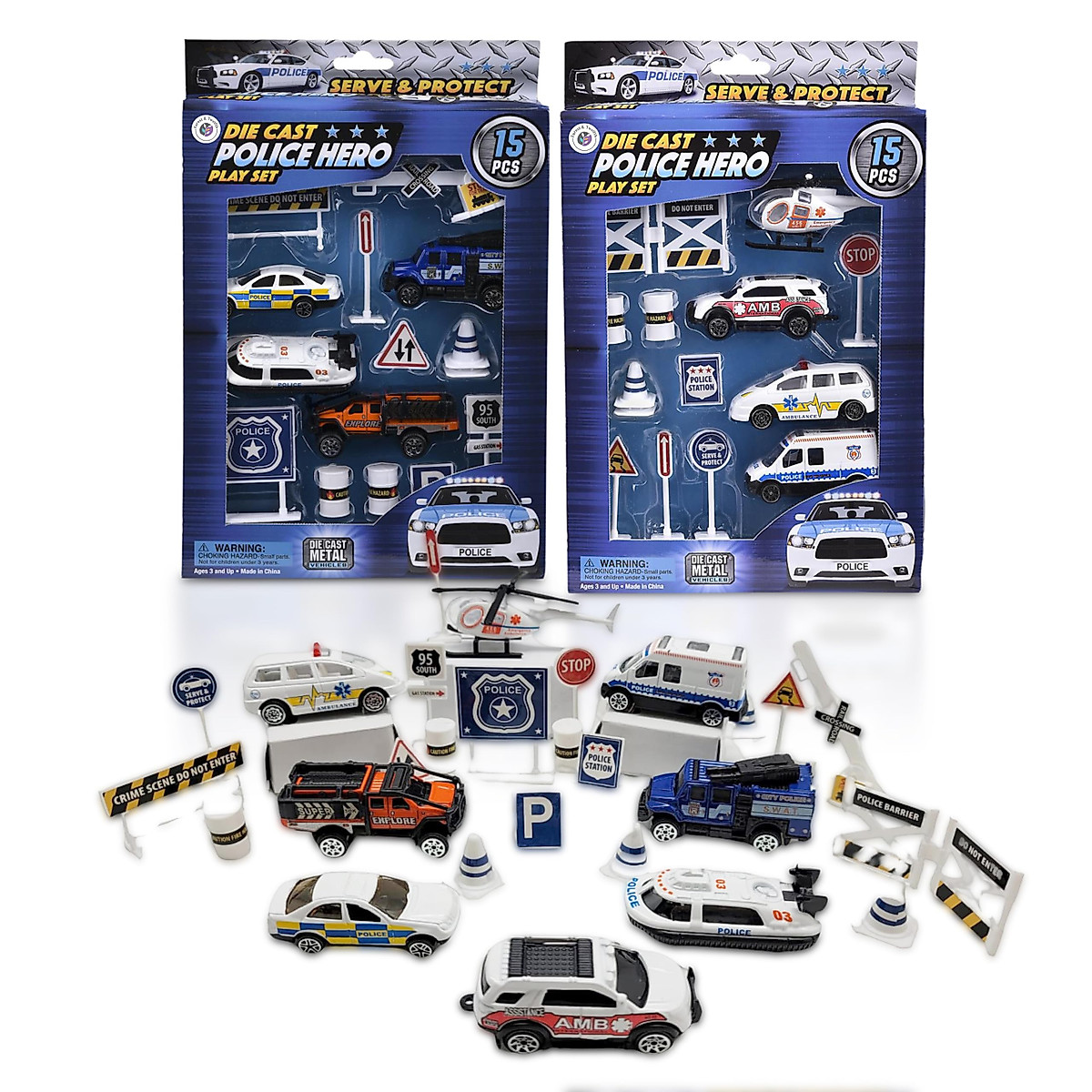 Playset, Forest & Twelfth Kids Set of 2 15pcs Die Cast Mini Police Car Toy Set for Kids & Toddlers, Promotes Creative Pretend Play, Skill Development, Fun All-Occasion Gift Idea (Police Playset)