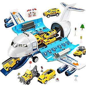 TEMI Mist Spay Storage Transport Plane Cargo with 6 Free Wheel Diecast Construction Vehicles and Playmat, Kids Toy Jet Aircraft with Lights & Sounds for 3 4 5 6 Years Old Boys and Girls