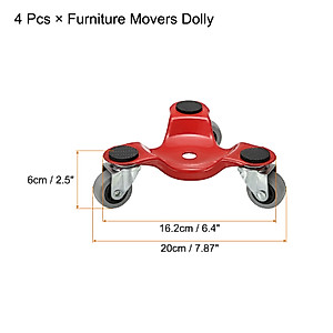 PATIKIL Furniture Mover Dolly, 4 Pack Furniture Triangle Moving Dolly with 3 Wheels 6-Inch Steel Movers Dolly, 200LB Load Capacity, Red