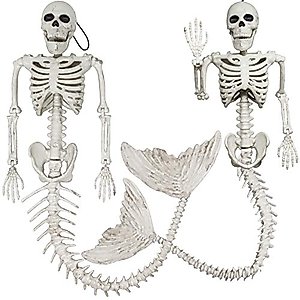 2 Spooky Skeleton Mermaid Plastic Bone with Posable Joints for Halloween Props Decorations, Indoor/Outdoor Spooky Scene Party Favors, Trick or Treat Decor