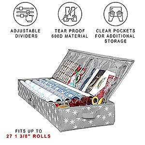 Wrapping Paper Storage Container – Fits up to 27 Rolls 1 3/8” Diam. - Underbed Gift Wrap Organizer Bags, Wrapping Paper Rolls, Ribbon, and Bows - Under Bed- Durable Material 600D - Up to 40” Rolls