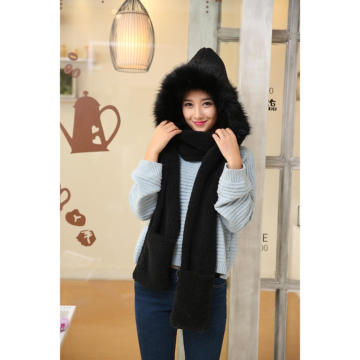 Winter Warm Women Hoodie Hat/Scarf/Gloves Set Soft Plush Thick Warm Hat