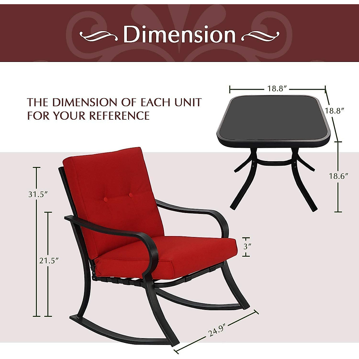 Betterland Outdoor 3-Piece Rocking Chairs Patio Bistro Sets, Glass-Top Coffee Table & Black Metal ​Patio Furniture with Thickened Cushions (Red)