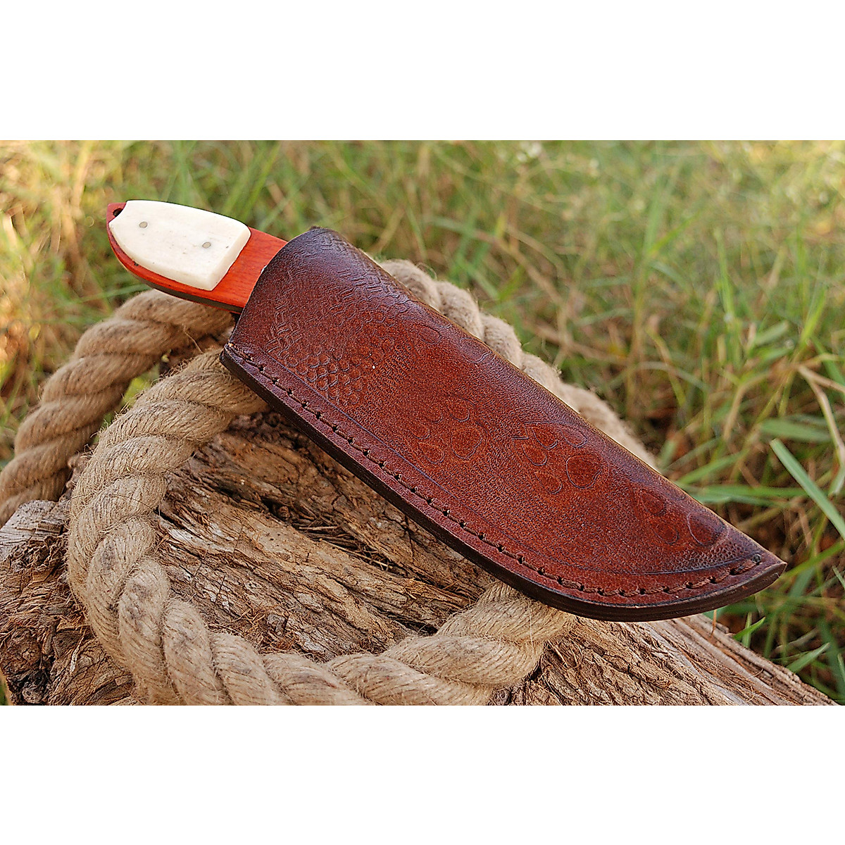 TMBrands Damascus Hunting Knife, Fixed Blade Knife, Camping Knife & Gift Knives with Rose Wood & Bone Handle & Leather Knife Sheath