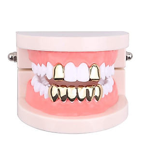 Gold Grillz Mouth Teeth 24K Plated Gold Custom Fit Top & Bottom Set Caps Grillz For Women Gift + Extra Molding Bars + Microfiber Cloth