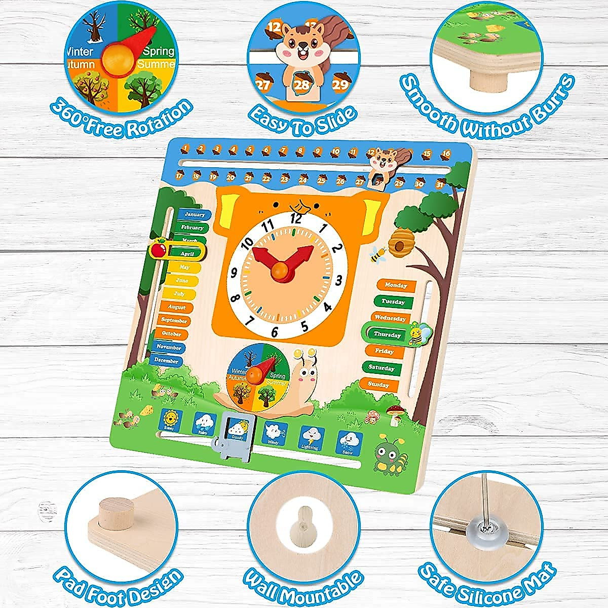Baisoo Montessori Educational Wooden Toys - Preschool Telling Time Teaching Clock Boys & Girls - Time Calendar Clock for Kids Age 3 4 5 - All About Today Board