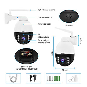 YoLuKe PTZ Camera Outdoor,5MP 5X Optical Zoom WiFi IP Camera with 360° Rotate and 30 Meter View Distance/Human Detection & Auto Tracking/Two Way Audio/IP66 Waterproof/Night Vision