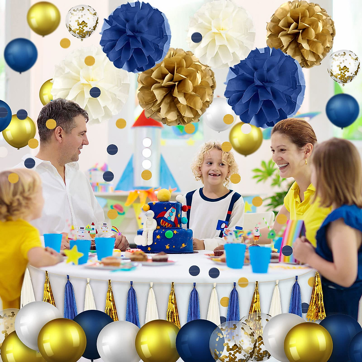 74 Pieces Navy Blue Gold Party Decoration for Graduation Includes Tissue Paper Pom Pom Flower Gold and Navy Balloon Circle Banner Tassel Garland Birthday Bridal Shower Wedding Party