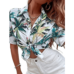 SweatyRocks Women's Short Sleeve Cute Print Button Down Shirt Tops Tropical White M