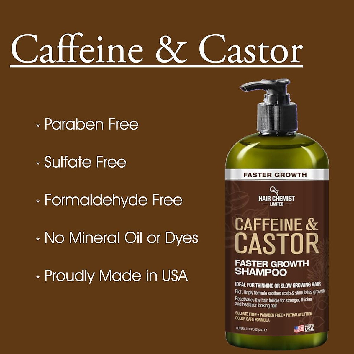 Hair Chemist Caffeine and Castor Faster Growth Shampoo 33.8 oz. - Hair Shampoo for Faster Hair Growth, Sulfate Free Shampoo
