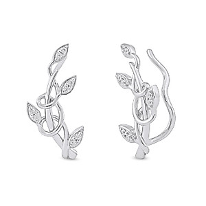Sterling Silver 1/6ct.TDW Diamond Leaf Climber Fashion Earrings for Women(I-J, I2)